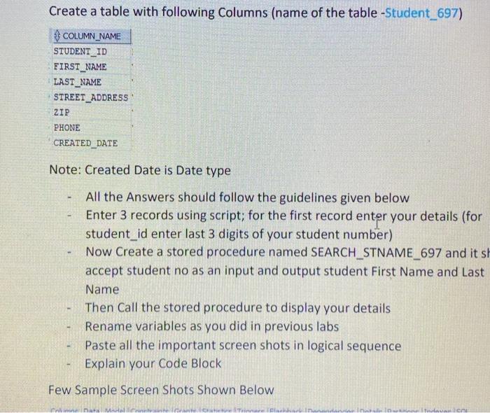 Solved Create a table with following Columns (name of the | Chegg.com