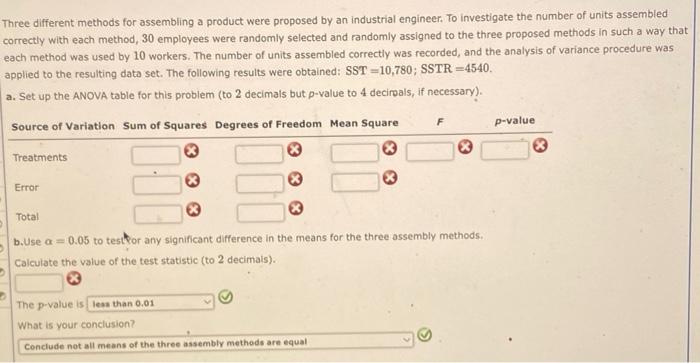 Solved Three different methods for assembling a product were | Chegg.com