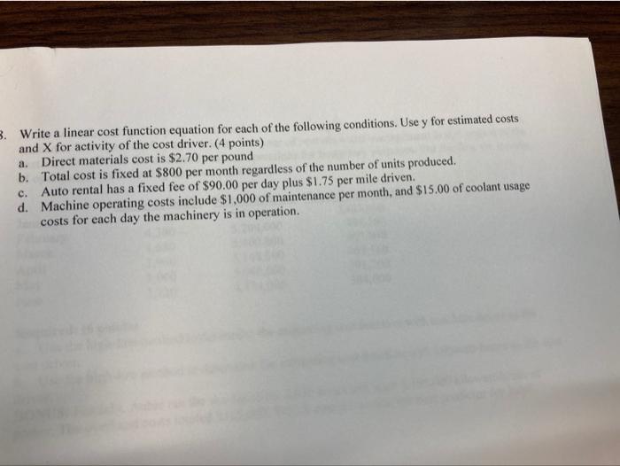 Solved 3. Write a linear cost function equation for each of | Chegg.com