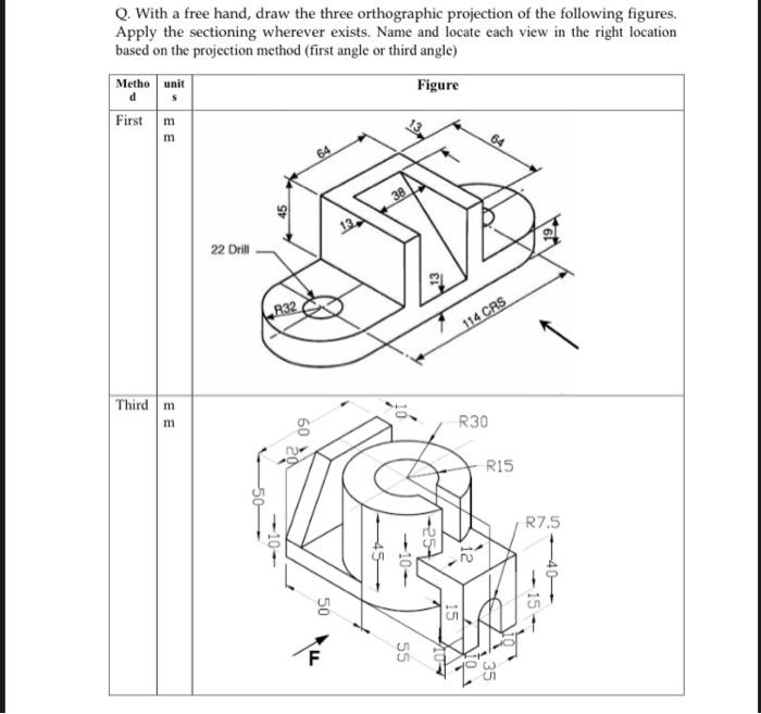 Solved Q. With a free hand, draw the three orthographic | Chegg.com