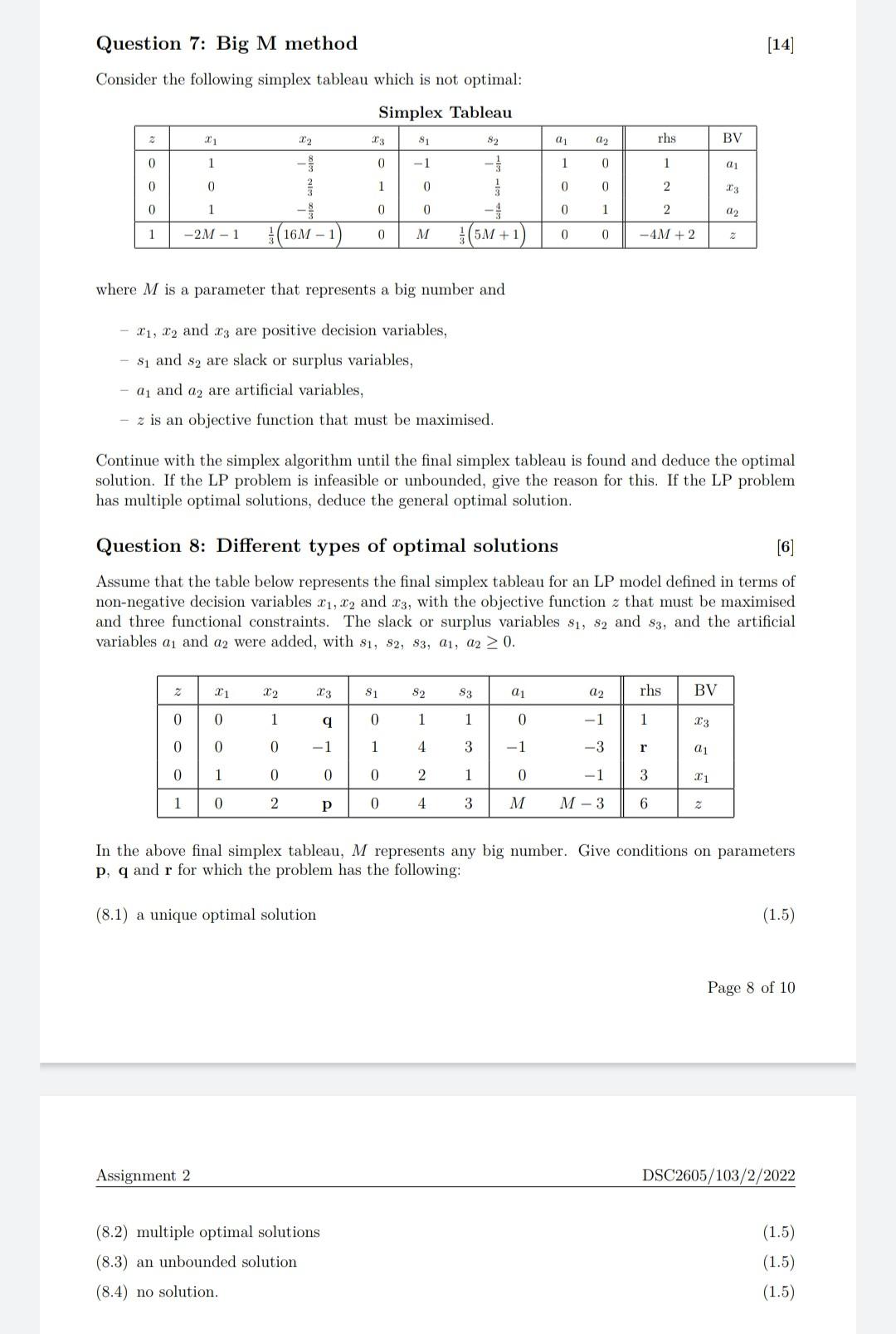 Solved Question 7: Big M method Consider the following | Chegg.com