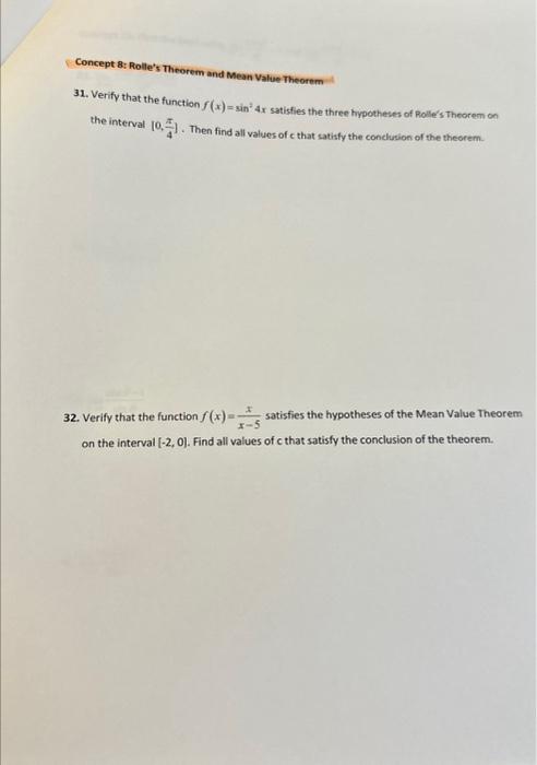 Solved Concept \&: Rolle's Theorem and Mean Value Theorem | Chegg.com
