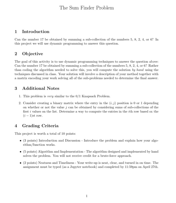Solved The Sum Finder Problem 1 Introduction Can the number | Chegg.com