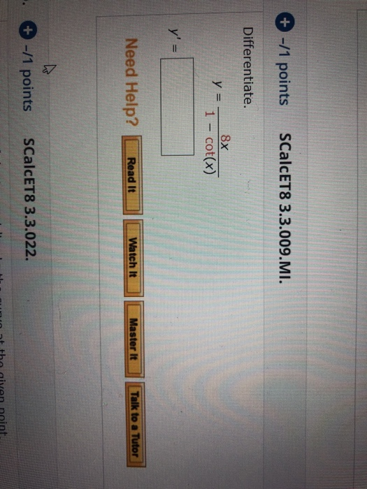 Solved + -/1 points SCalcET8 3.3.009.MI. Differentiate. 8x y | Chegg.com