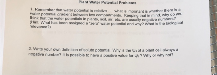 Solved Plant Water Potential Problems 1. Remember that water | Chegg.com