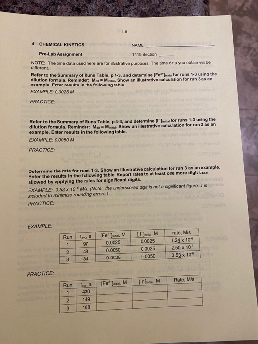 4 CHEMICAL KINETICS NAME Pre-Lab Assignment 1415 | Chegg.com
