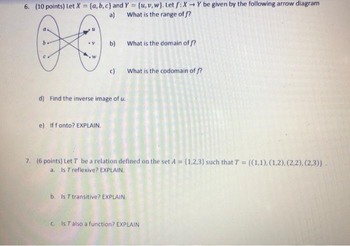 Solved 6. (10 points) Let X={a,b,c} and Y={u,v,w}. Let f:X→Y | Chegg.com