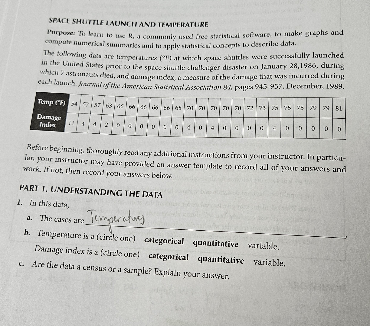 Solved SPACE SHUTTLE LAUNCH AND TEMPERATUREPurpose: To learn | Chegg.com