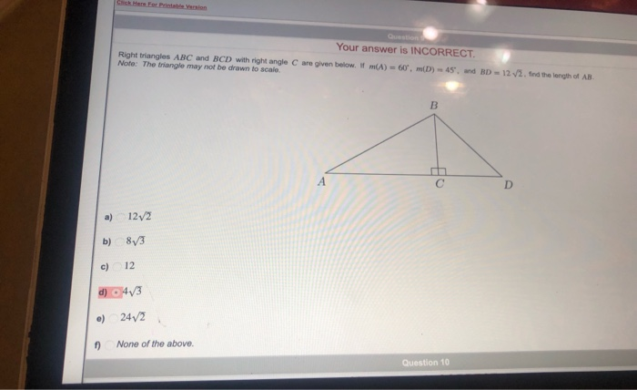 Solved Your answer is INCORRECT. Right triangles ABC and BCD | Chegg.com