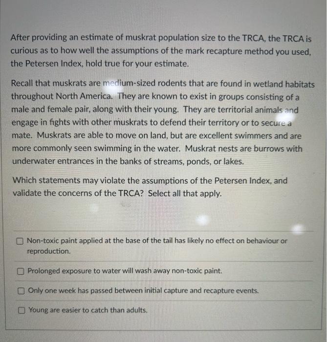 Solved After providing an estimate of muskrat population | Chegg.com