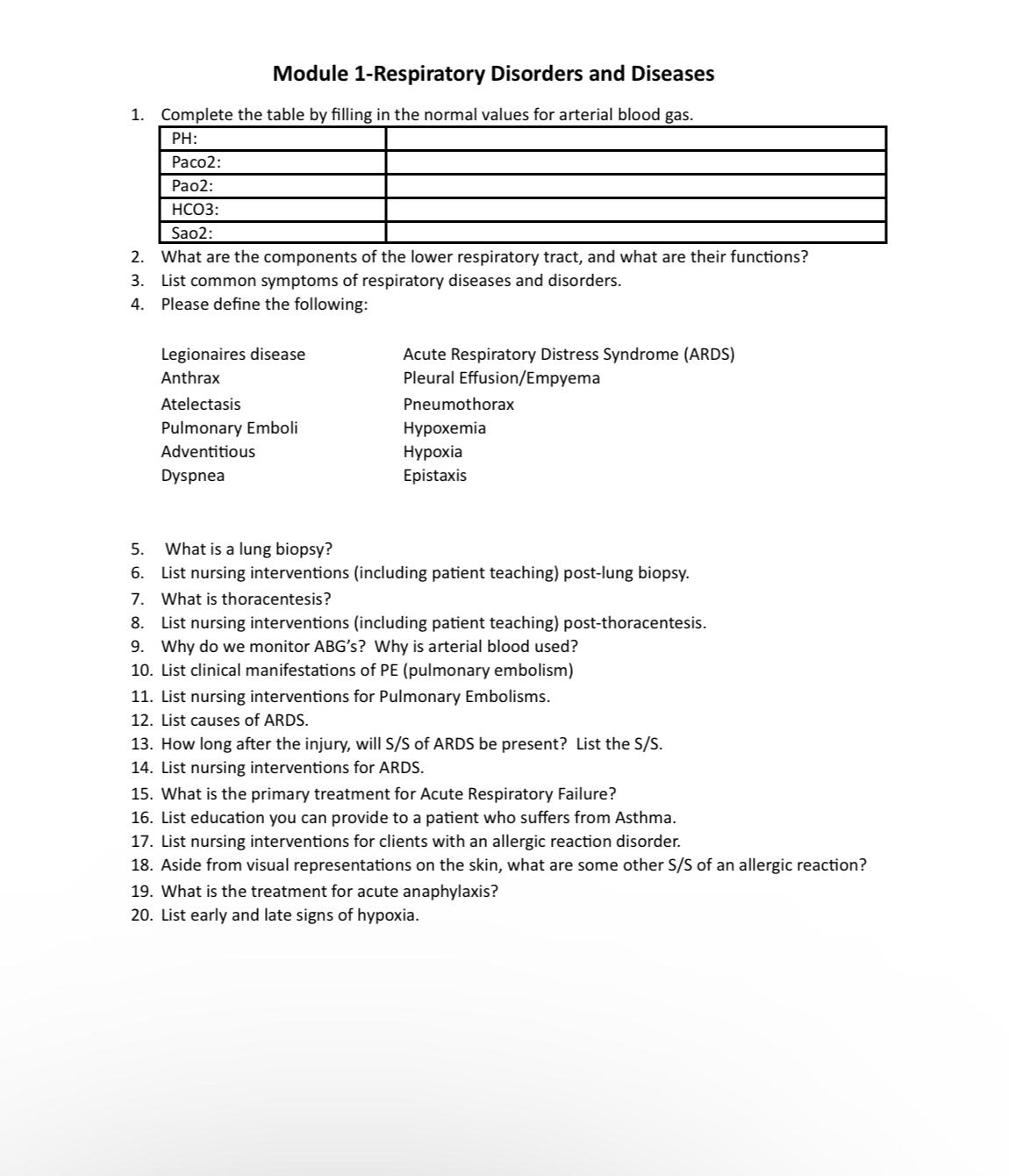 Solved Module 1-Respiratory Disorders and DiseasesComplete | Chegg.com