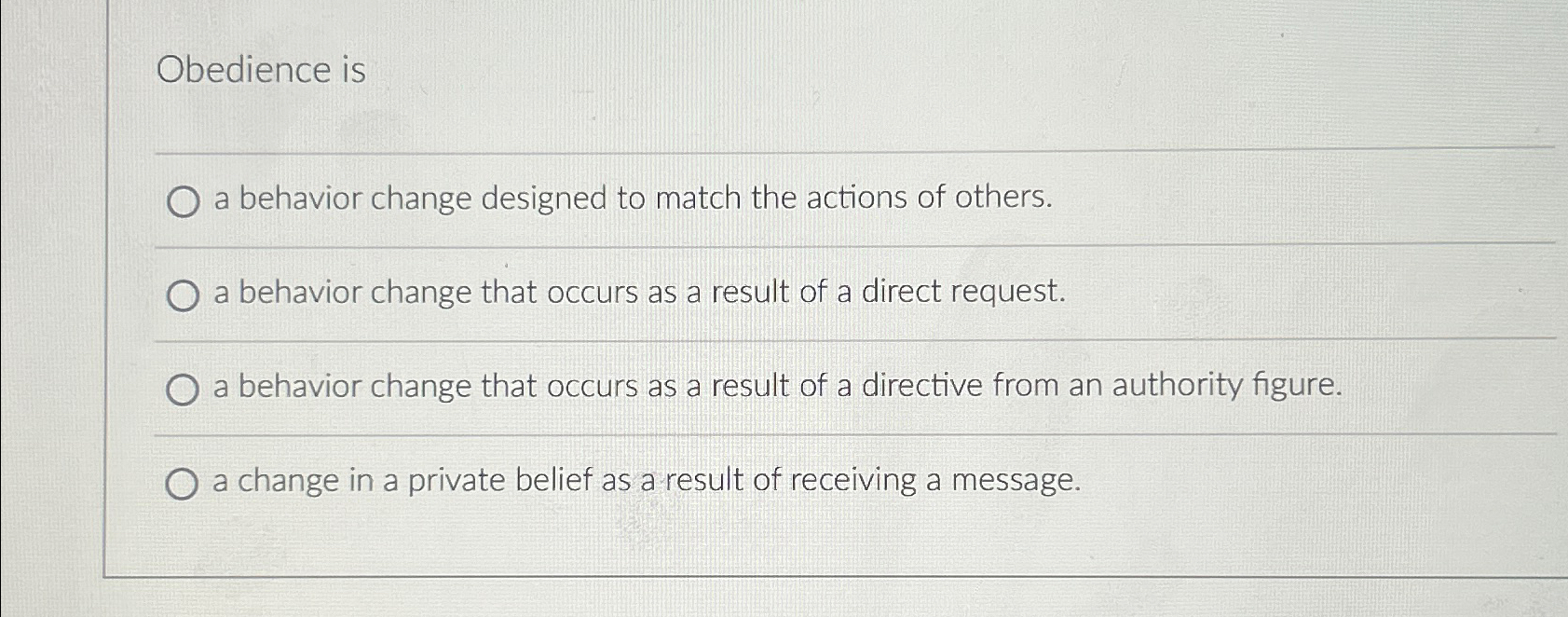 Solved Obedience isa behavior change designed to match the | Chegg.com