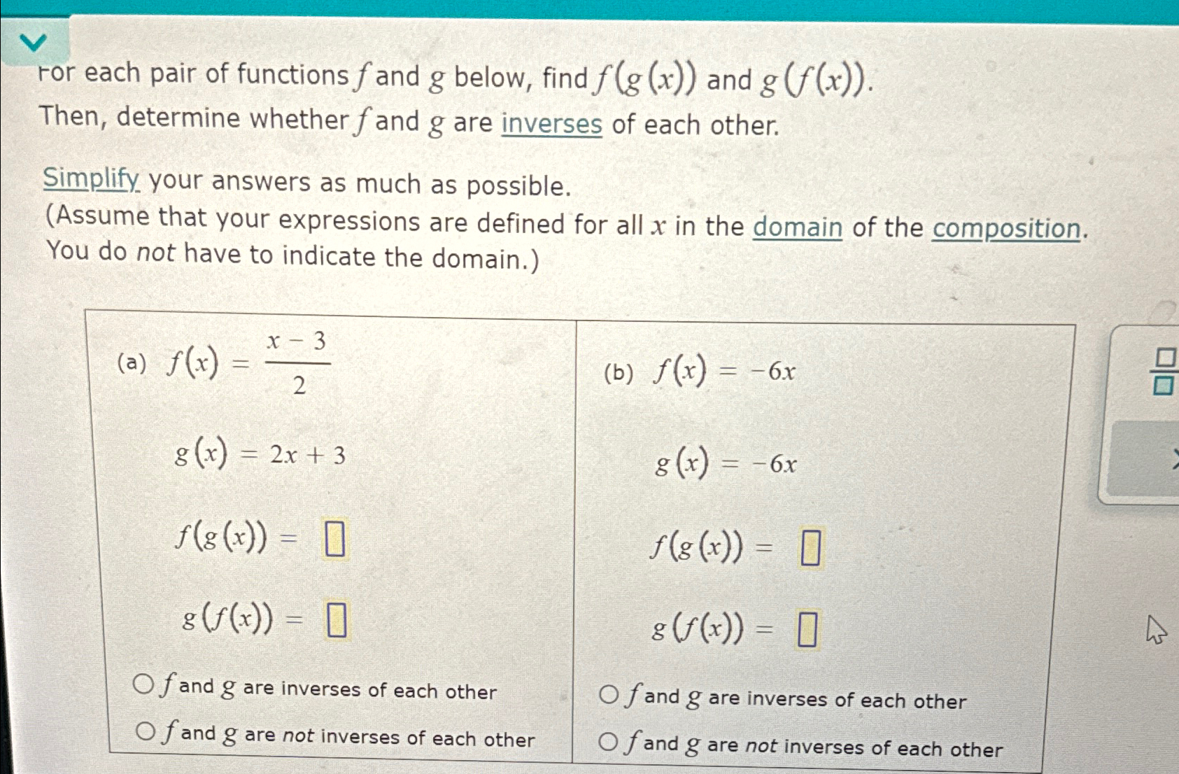 Solved ror each pair of functions f ﻿and g ﻿below, find | Chegg.com