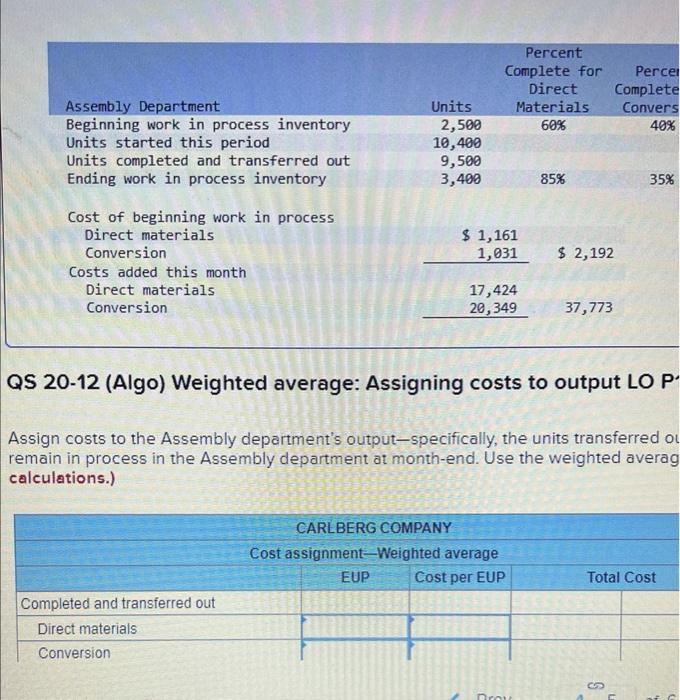 Solved QS 20-12 (Algo) Weighted average: Assigning costs to | Chegg.com