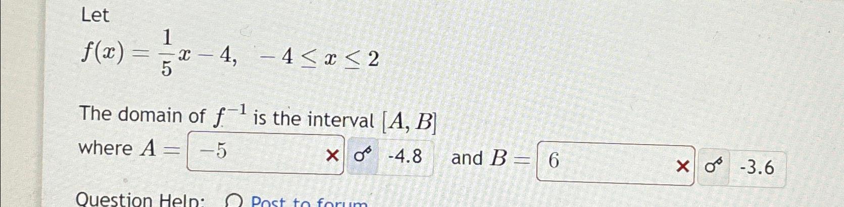 Solved Letf(x)=15x-4,-4≤x≤2The domain of f-1 ﻿is the | Chegg.com