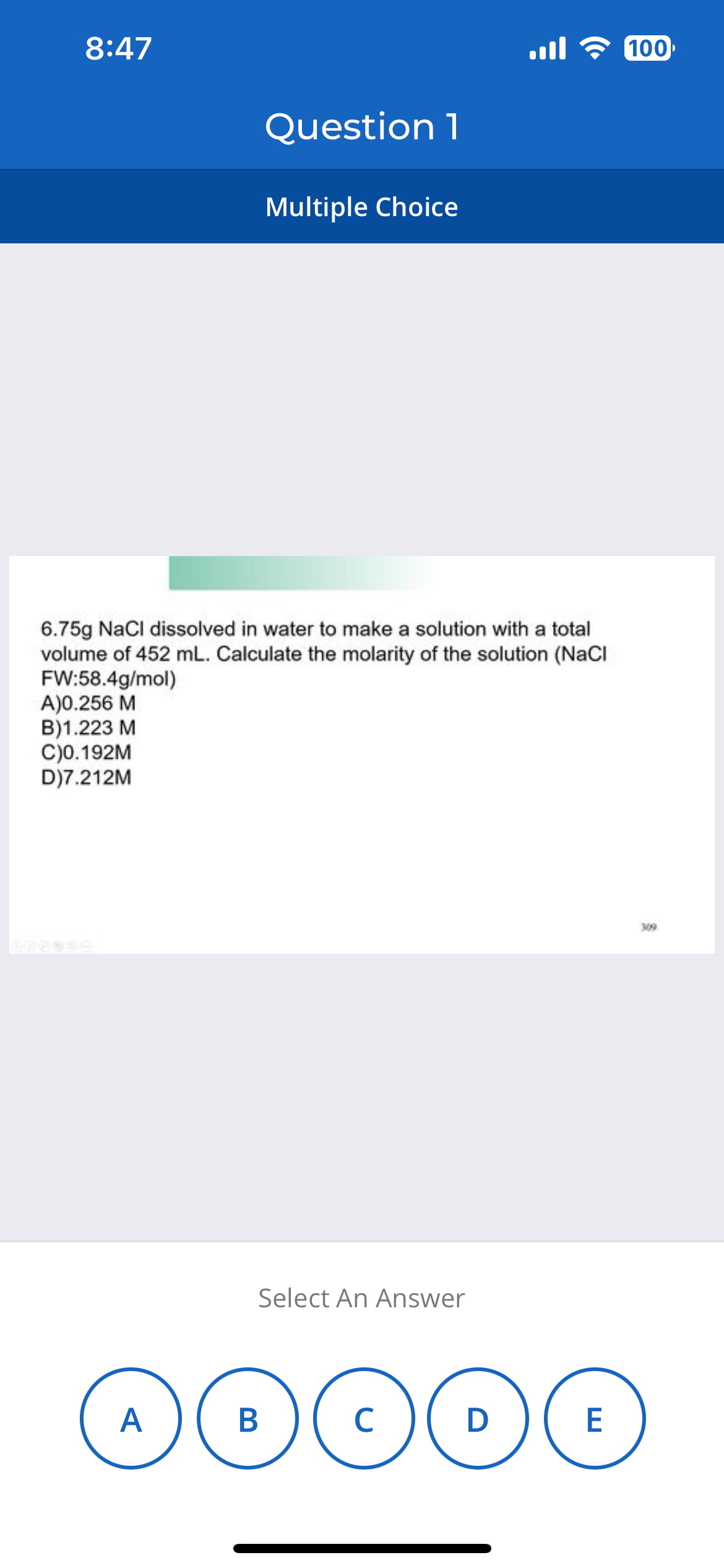 Solved 8:47, "ll ฉ100Question 1Multiple Choice6.75gNaCl | Chegg.com