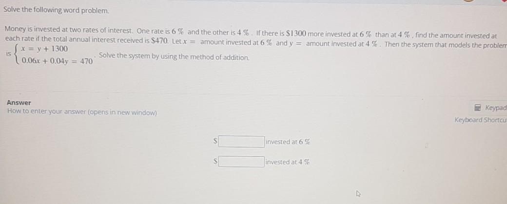 Solved Solve the following word problem Money is invested at | Chegg.com