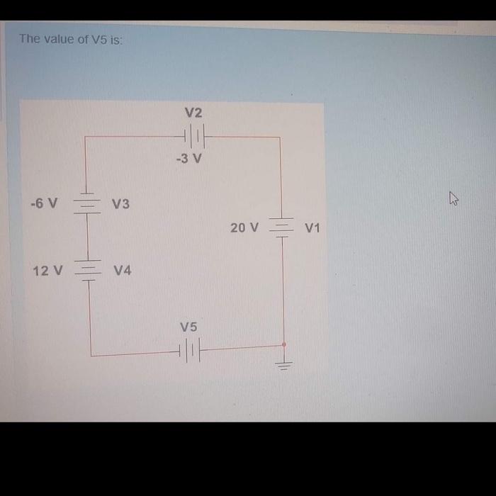 Solved The value of V5 is: V2 -3 V -6 V 27 V3 20 V - V1 12 V | Chegg.com