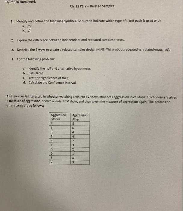 Solved PY/SY 370 Homework Ch. 12 PL. 2- Related Samples 1. | Chegg.com