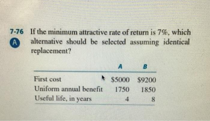 Solved 7-76 If the minimum attractive rate of return is 7%, | Chegg.com