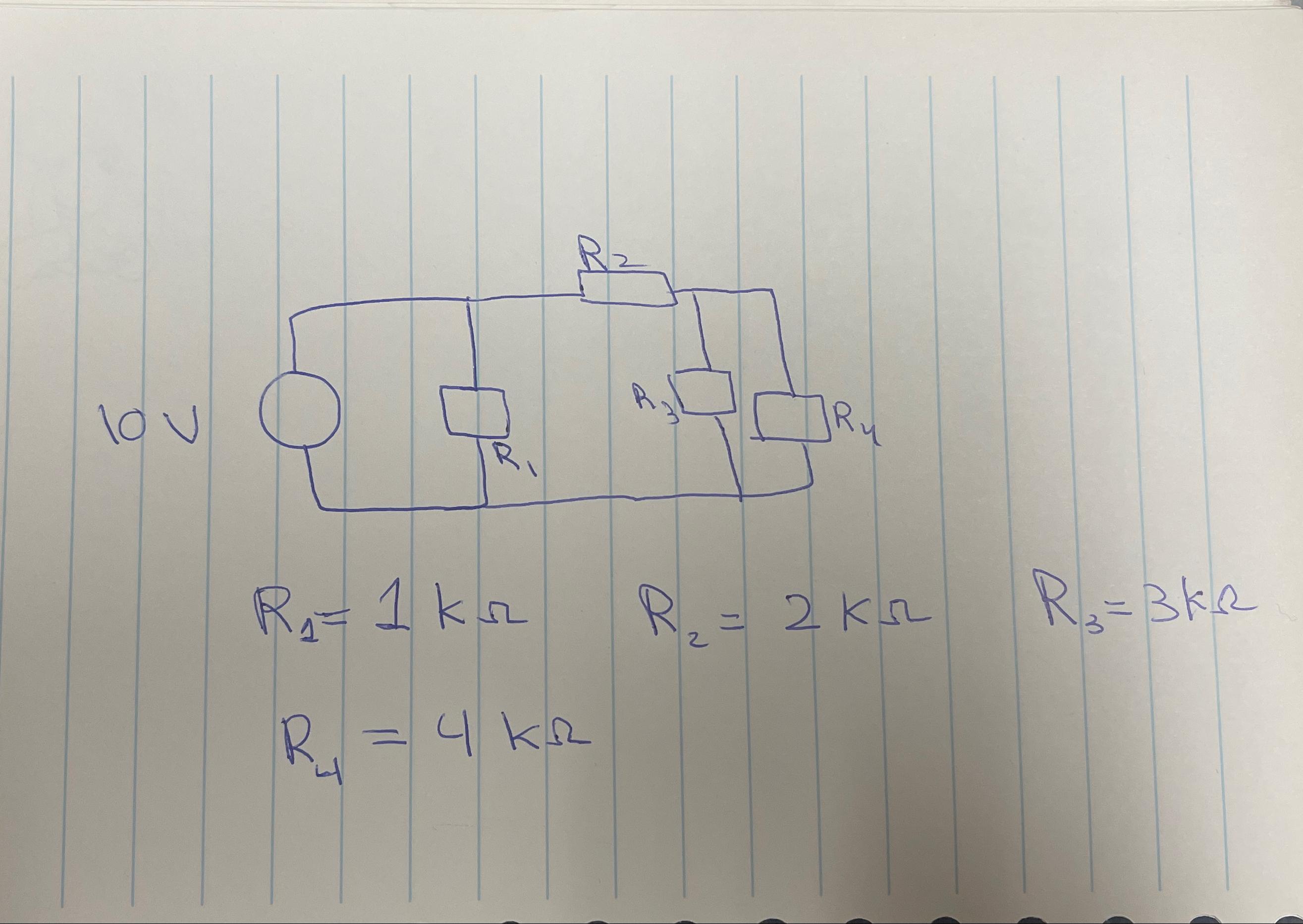 Solved R1=1kΩ,R2=2kΩ,R3=3kΩR4=4kΩ ﻿V=10Find the voltage and | Chegg.com
