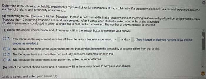 Solved Determine if the following probability experiments | Chegg.com