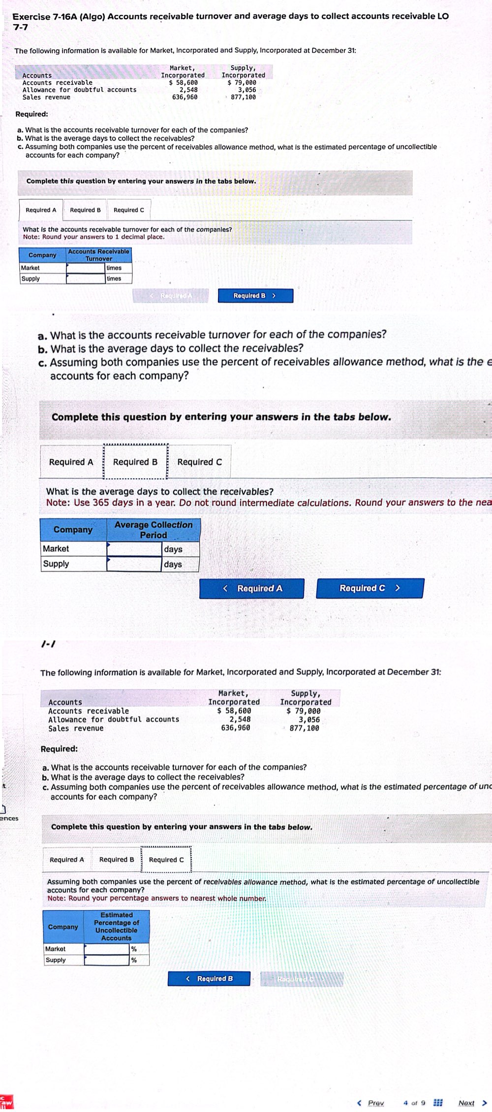 Solved Exercise 7-16A (Algo) ﻿Accounts receivable turnover | Chegg.com