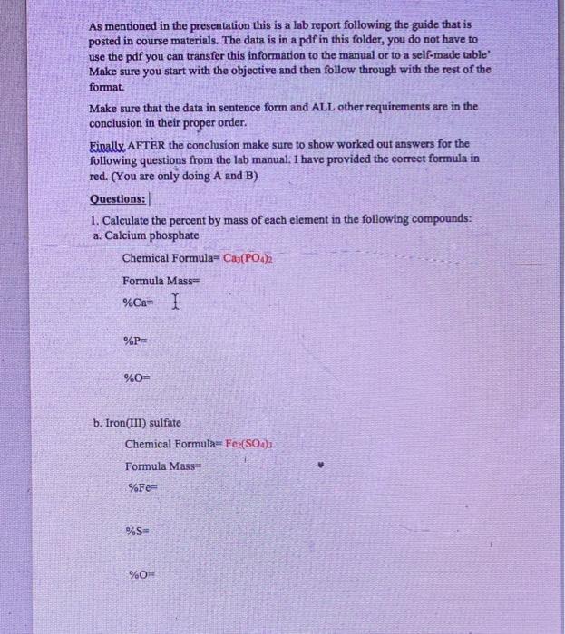 Solved As mentioned in the presentation this is a lab report | Chegg.com