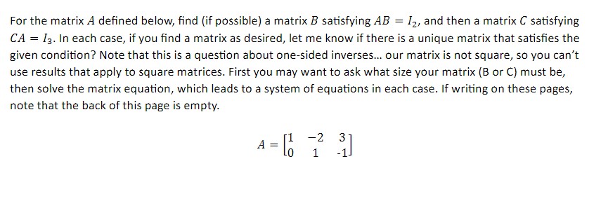 Solved For the matrix A defined below, find (if possible) ﻿a | Chegg.com