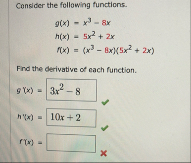 Solved Consider the following functions.(x3-8x}Find the | Chegg.com