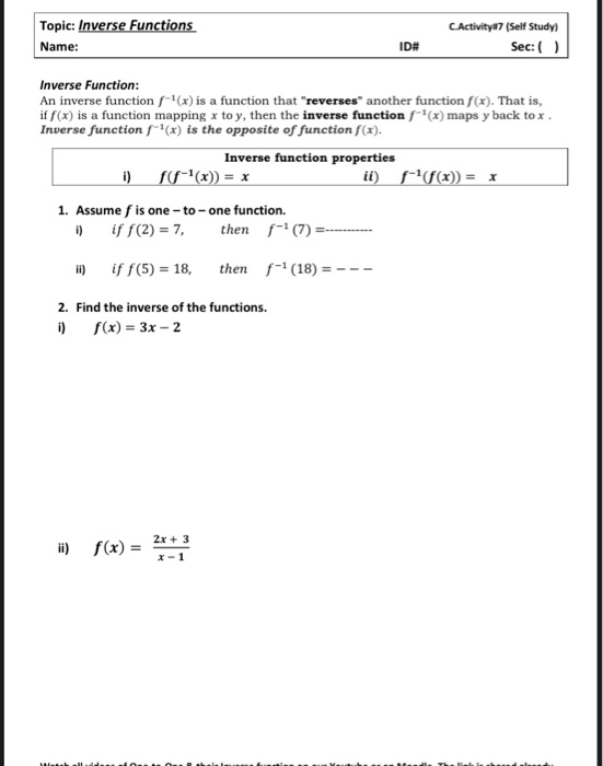 Solved C.Activity Topic: Inverse Functions Name: (Self Study | Chegg.com