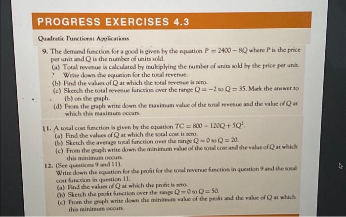 Solved PROGRESS EXERCISES 4.3 Quadratic Functions: | Chegg.com