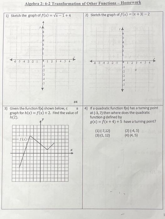 Solved Algebra 2: 6-2 Transformation of Other Functions - | Chegg.com