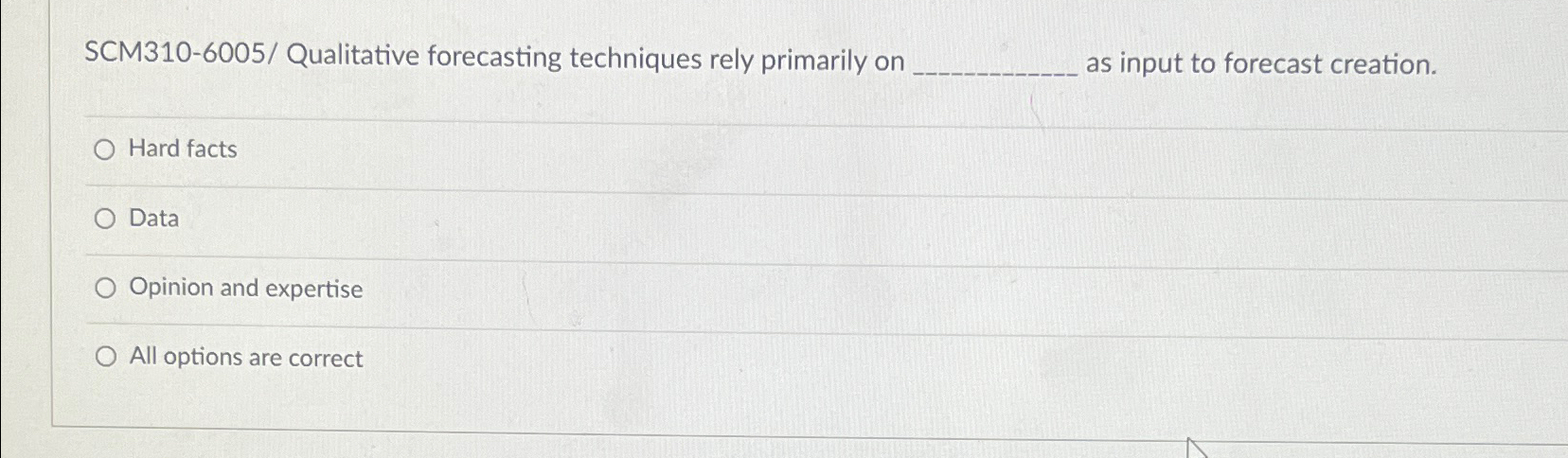 Solved SCM310-6005/ ﻿Qualitative forecasting techniques rely | Chegg.com