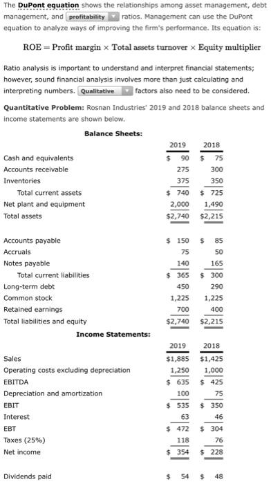 Solved The DuPont equation shows the relationships among | Chegg.com