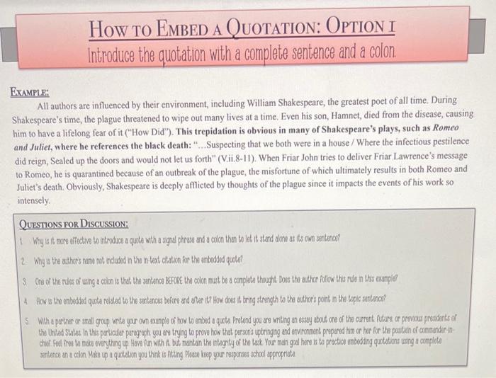 How to EMBED A QuOtation: OptiOn I Introduce the | Chegg.com