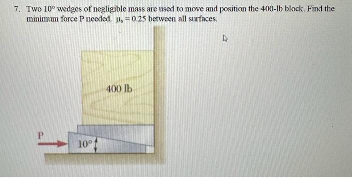 Solved 7. Two 10∘ wedges of negligible mass are used to move | Chegg.com