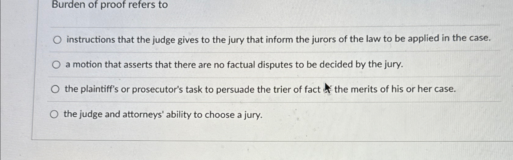 Solved Burden of proof refers toinstructions that the judge | Chegg.com