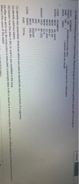 Solved An 8086 assembly program is given below. Read this | Chegg.com