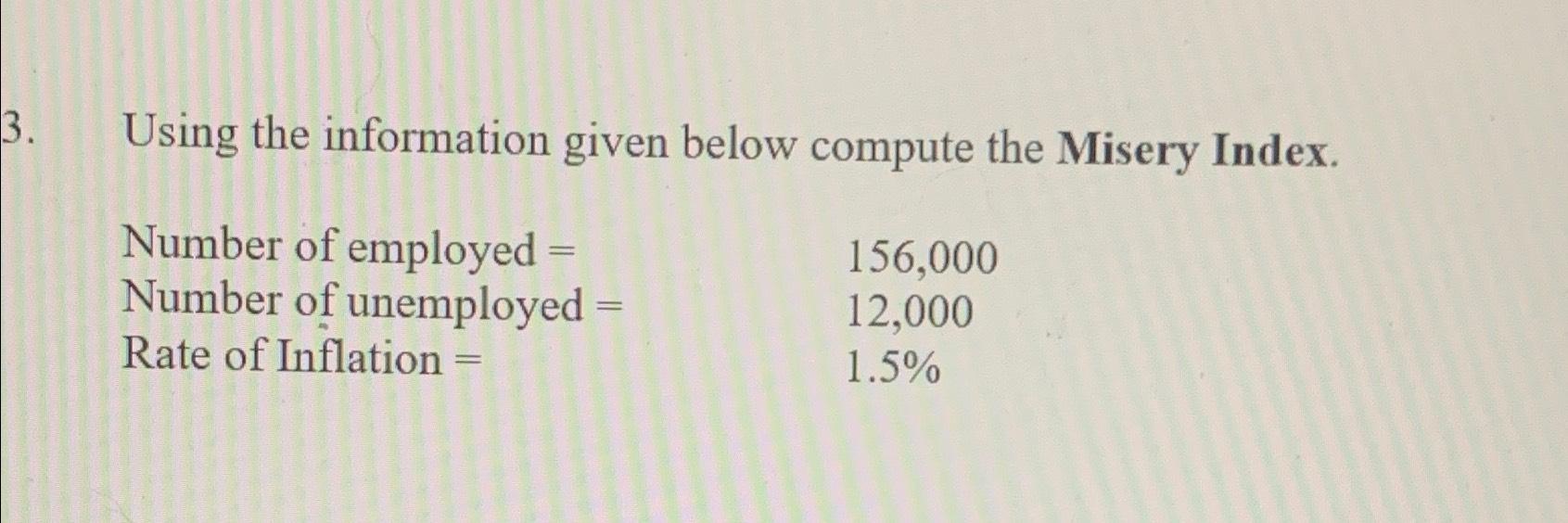 Solved Using the information given below compute the Misery | Chegg.com