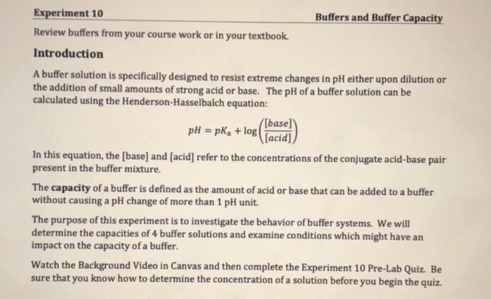 Solved (Cacid) Experiment 10 Buffers and Buffer Capacity | Chegg.com