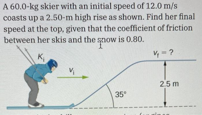 Solved A 60.0-kg skier with an initial speed of 12.0 m/s | Chegg.com