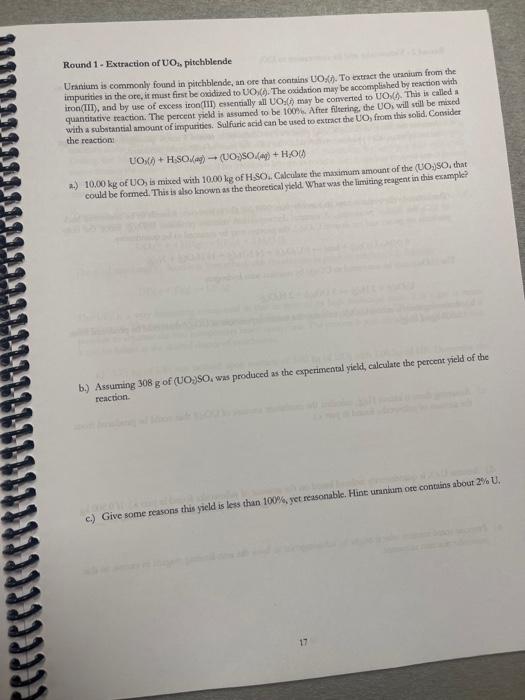 Round 1 - Extraction of UO2, pitchblende Uranium is | Chegg.com