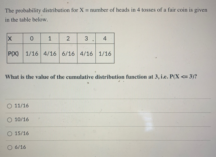 Solved The probability distribution for X = number of heads | Chegg.com