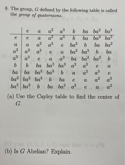 Solved 8. The group, G defined by the following table is | Chegg.com