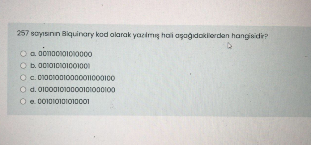 Solved 257 ﻿sayısının Biquinary kod olarak yazılmış ﻿hali | Chegg.com
