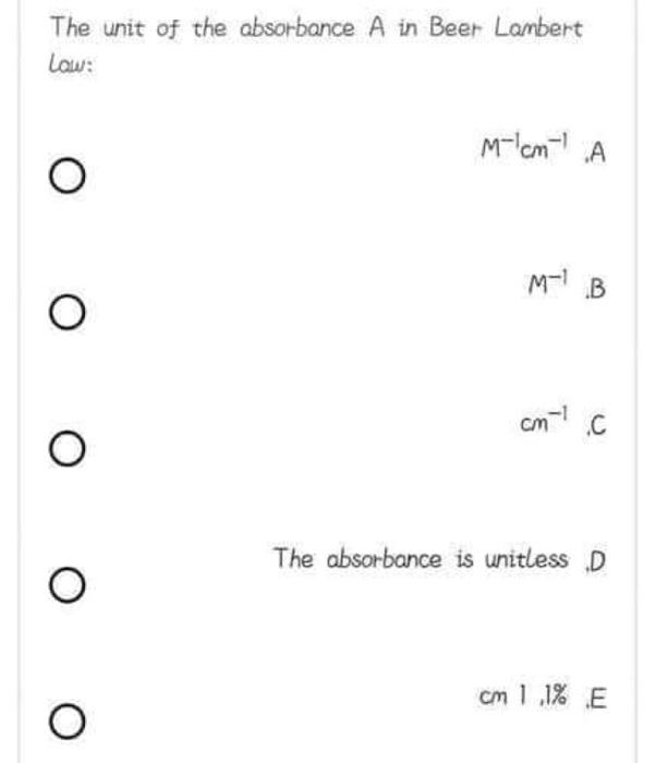 Solved The unit of the absorbance A in Beer Lambert Low: M−1 | Chegg.com