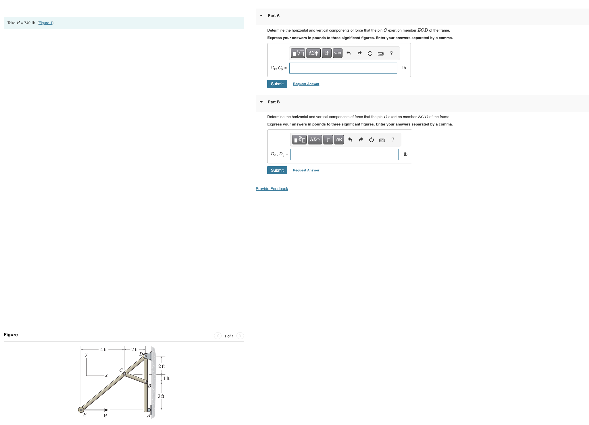 Solved Take P=740lb. (Figure 1)Determine the horizontal and | Chegg.com