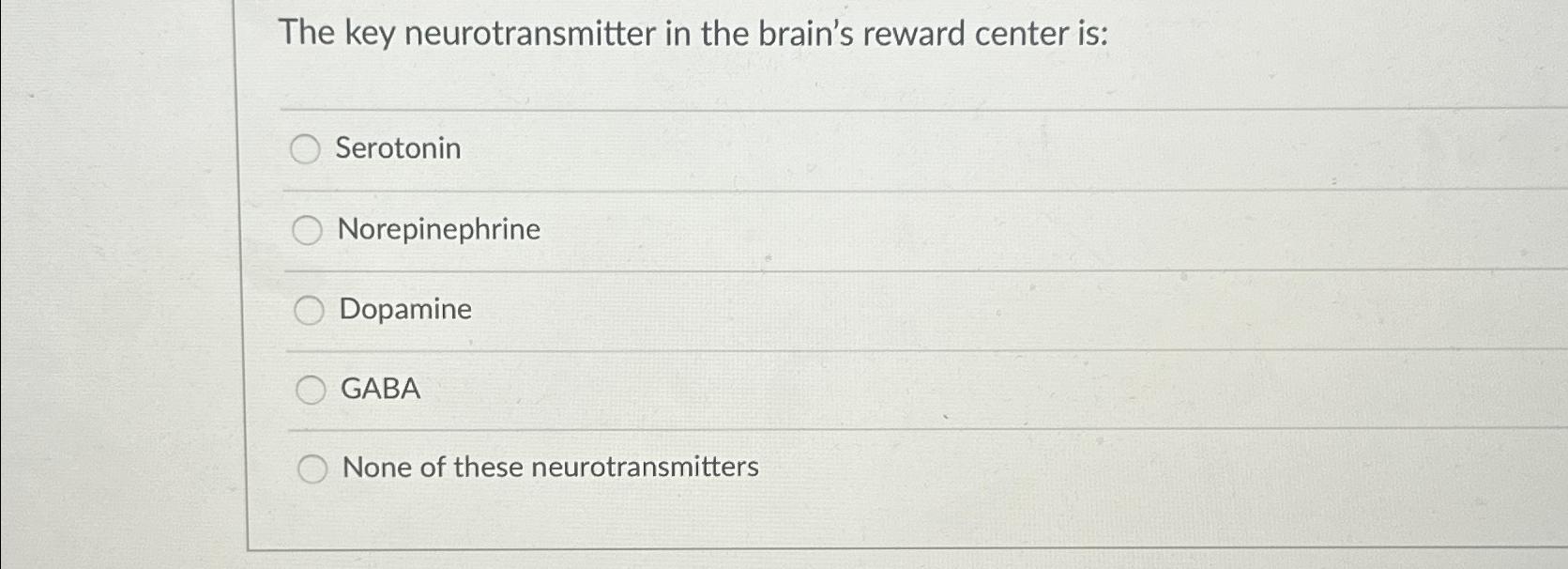 Solved The key neurotransmitter in the brain's reward center | Chegg.com