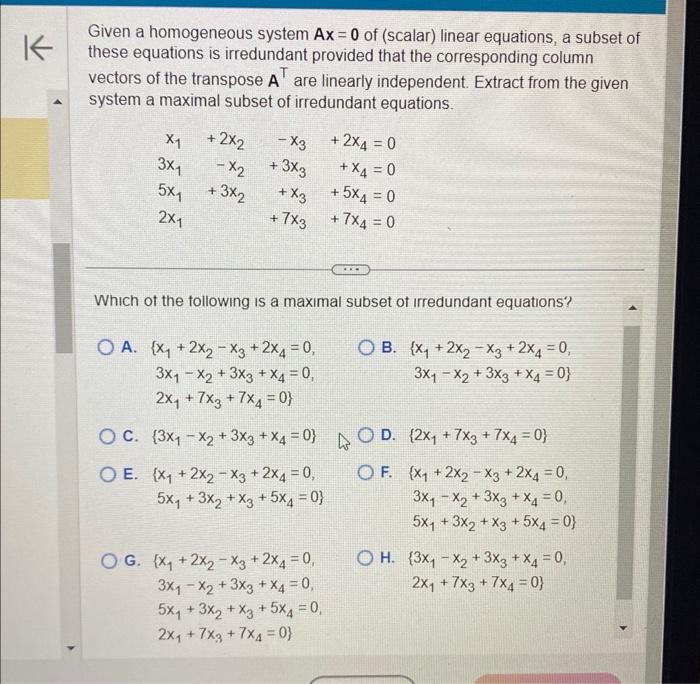 Solved Given a homogeneous system Ax=0 of (scalar) linear | Chegg.com